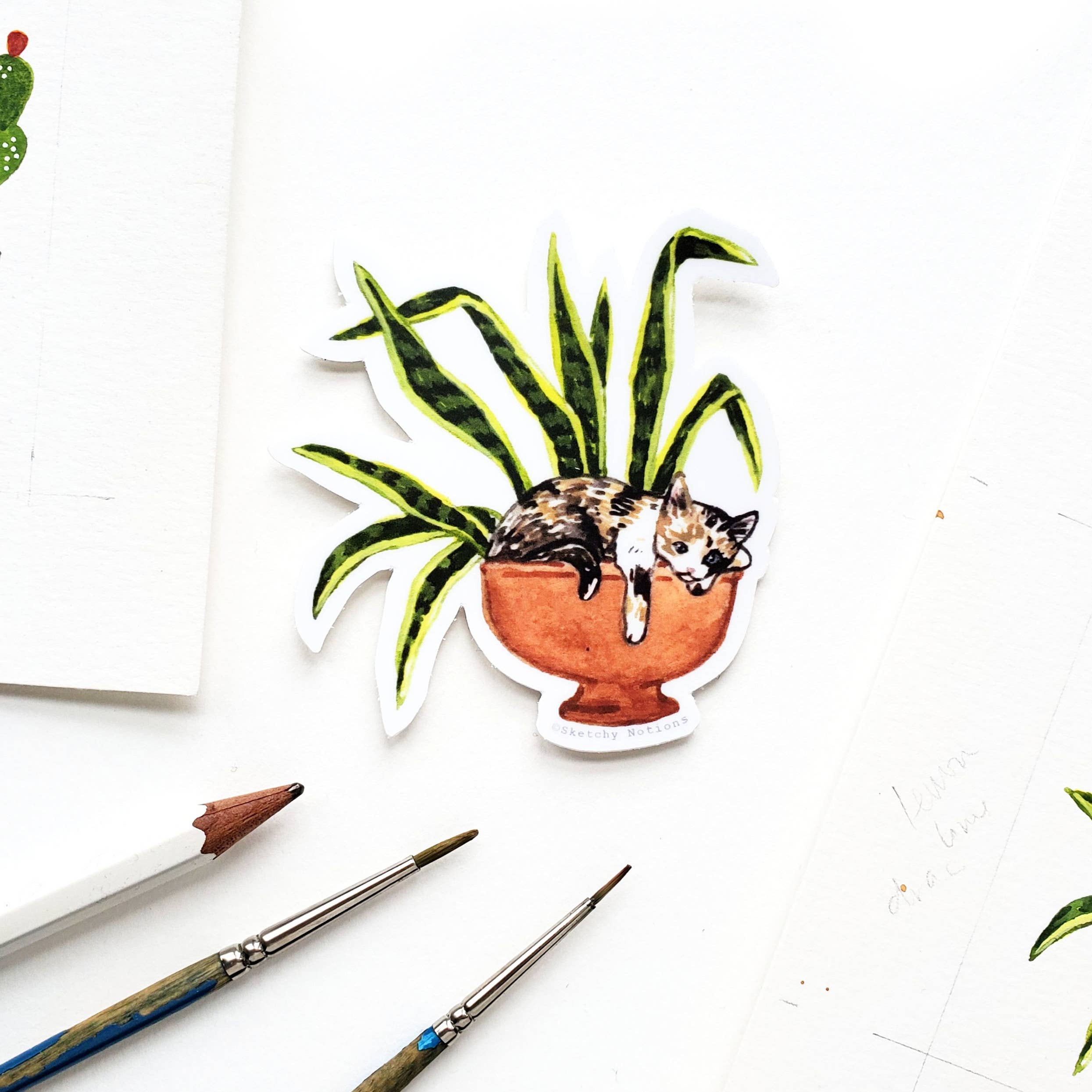 Cat and Plant Sticker 2 - Calico Cat with Snake Plant | Creature's ...